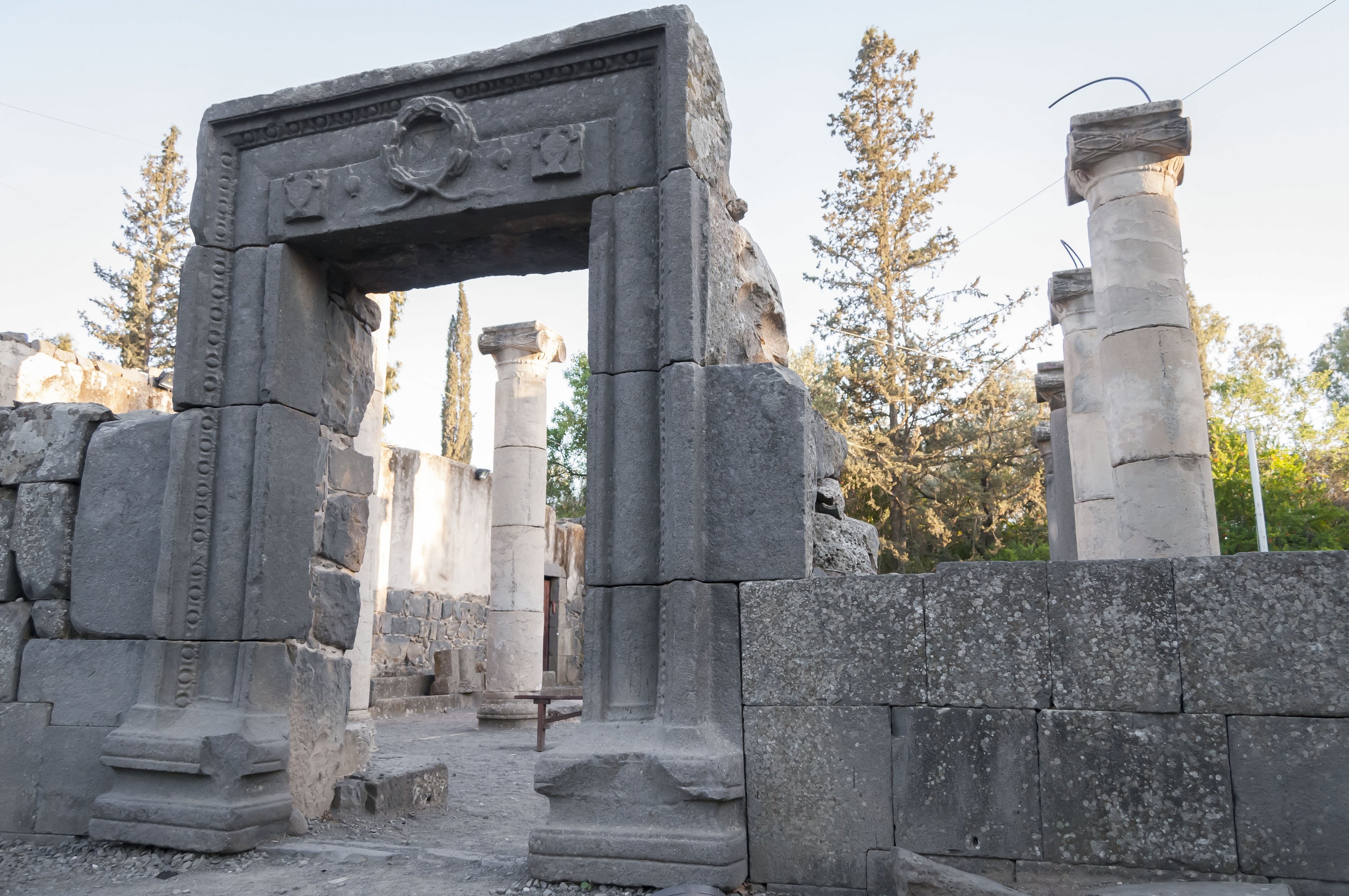 The entrance of the ancient Talmudic-era synagogue in Katzrin, Israel ...